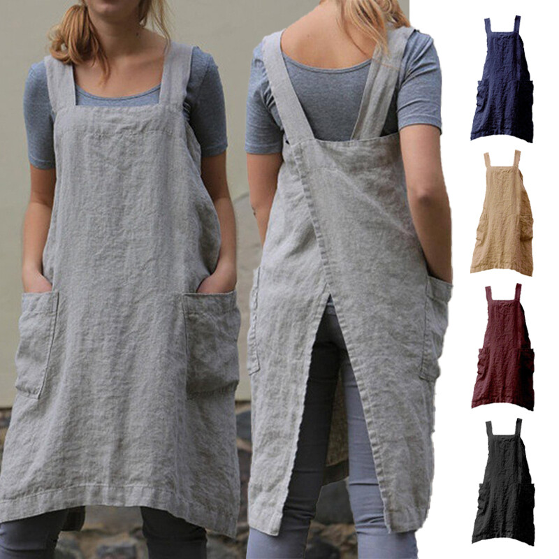 Women Cotton Linen Cross Back Apron Dress Ladies Loose Home Cooking ...