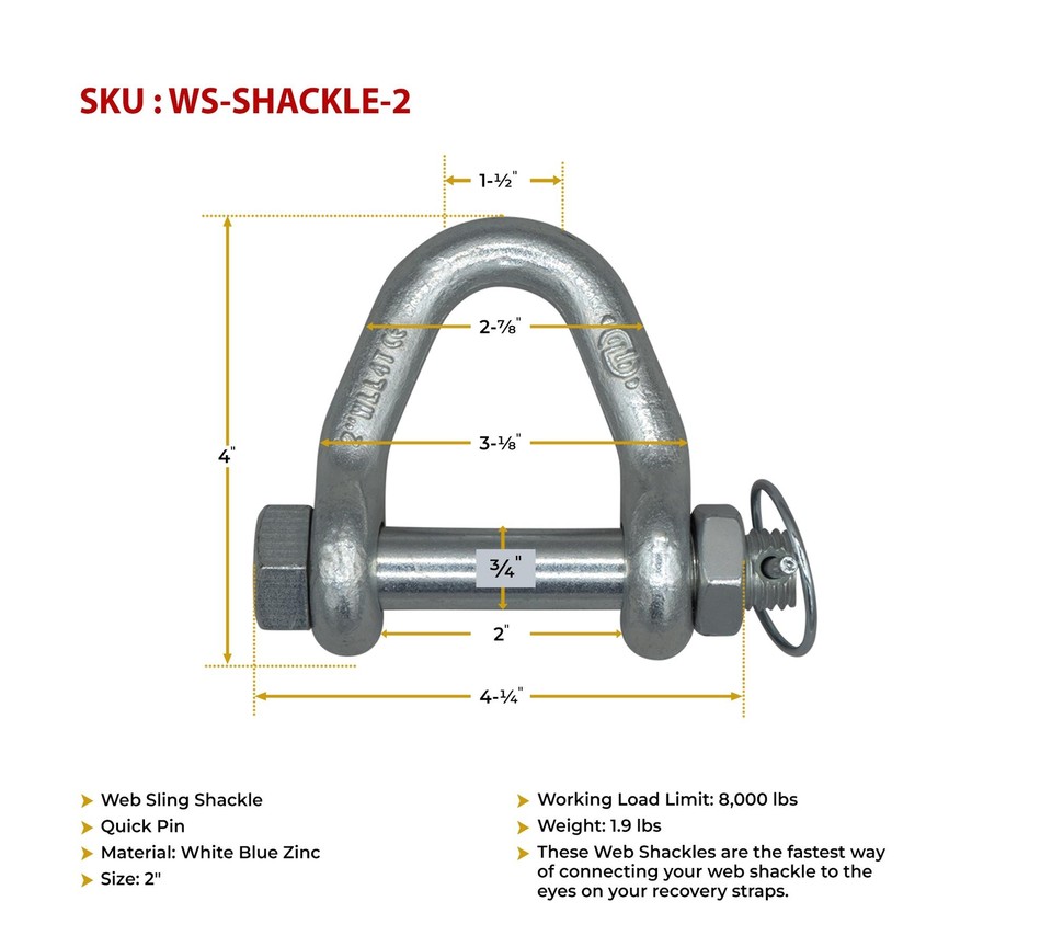 (4 Pack) Web Sling Shackle - 2" w/ Quick Pin, 8,000 lbs WLL, White Blue ...