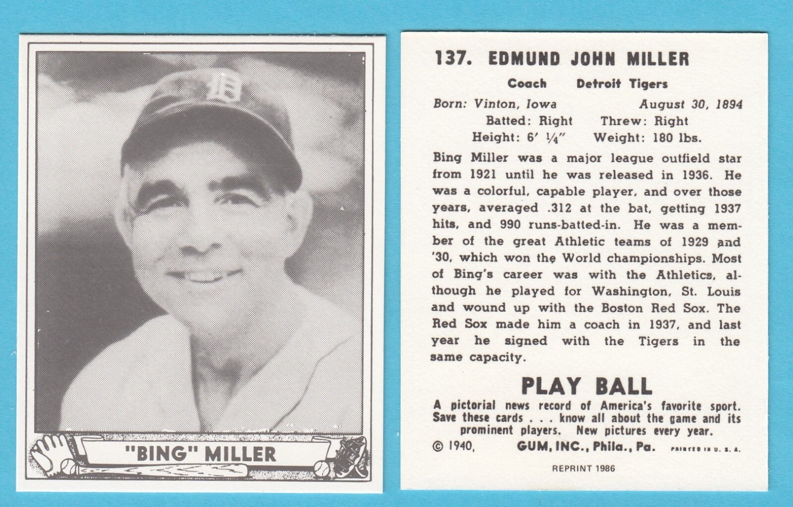 1940 Playball Reprint # 137 Bing Miller -- Detroit Tigers Box 129 | eBay