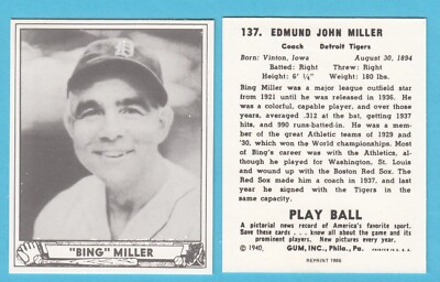 1940 Playball Reprint # 137 Bing Miller -- Detroit Tigers Box 129 | eBay