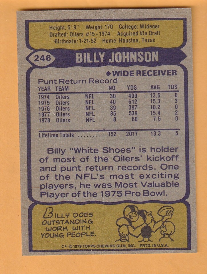 Billy Johnson Houston Oilers 1979 Topps #246 Boothwyn Pennsylvania 8T ...