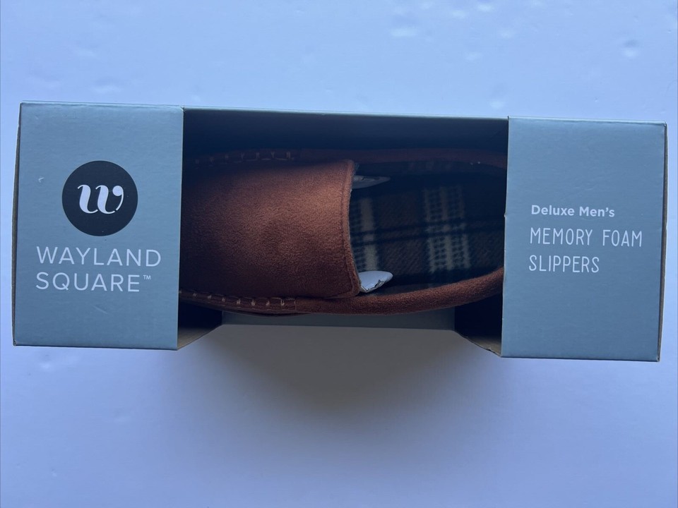 Wayland Square Slippers Deluxe Mens Brown Plaid Lined Memory Foam Size ...