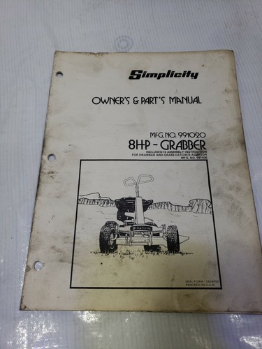 Simplicity 8 H.P. Grabber Garden Tractor Parts List Owners Manual Vtg ...