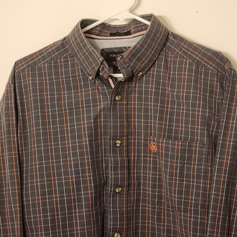 Mens Ariat Pro Series Shirt Size LARGE Charcoal Gray Plaid Fitted ...