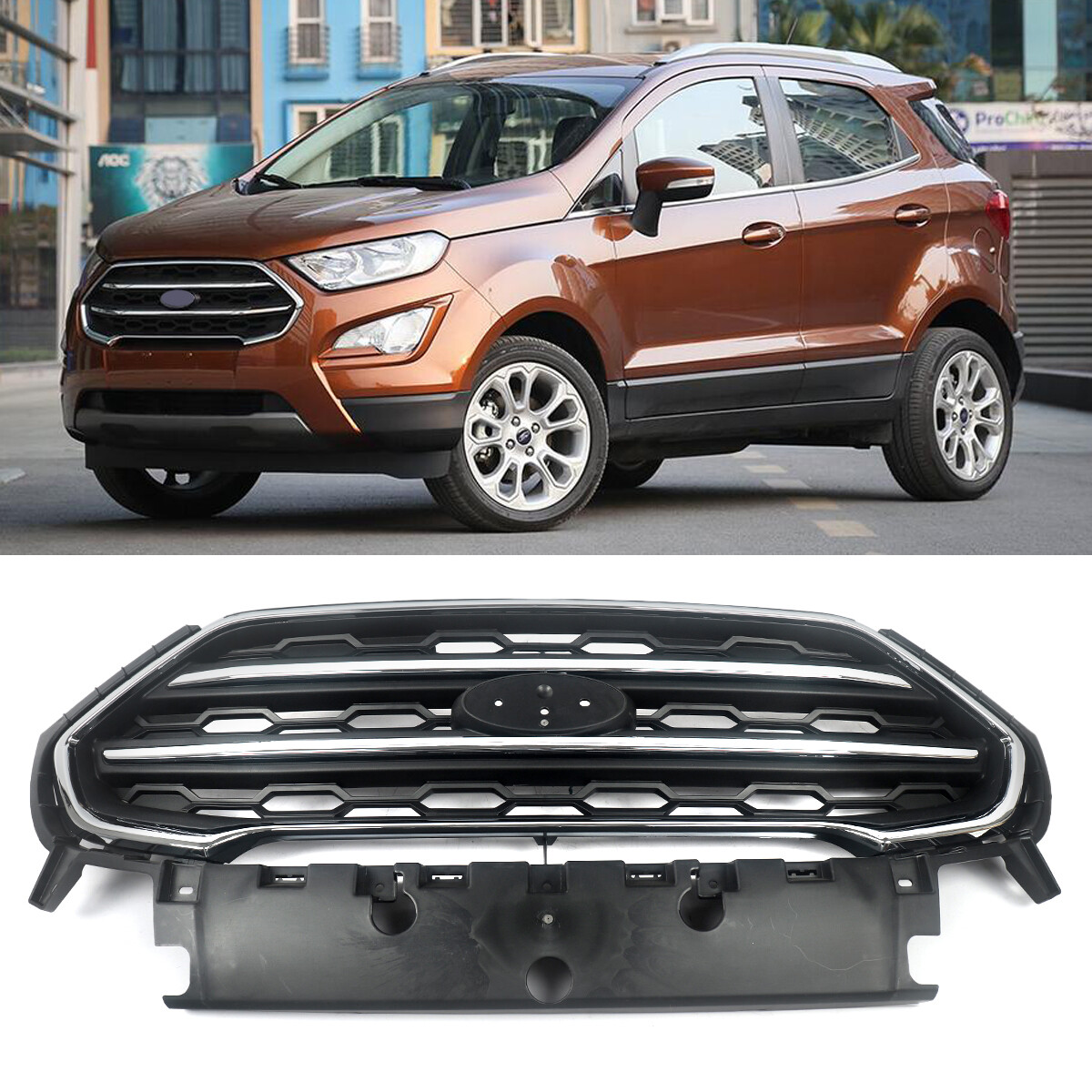Fit For Ford EcoSport 2018-2022 Chrome+Black Front Bumper Center Grille ...