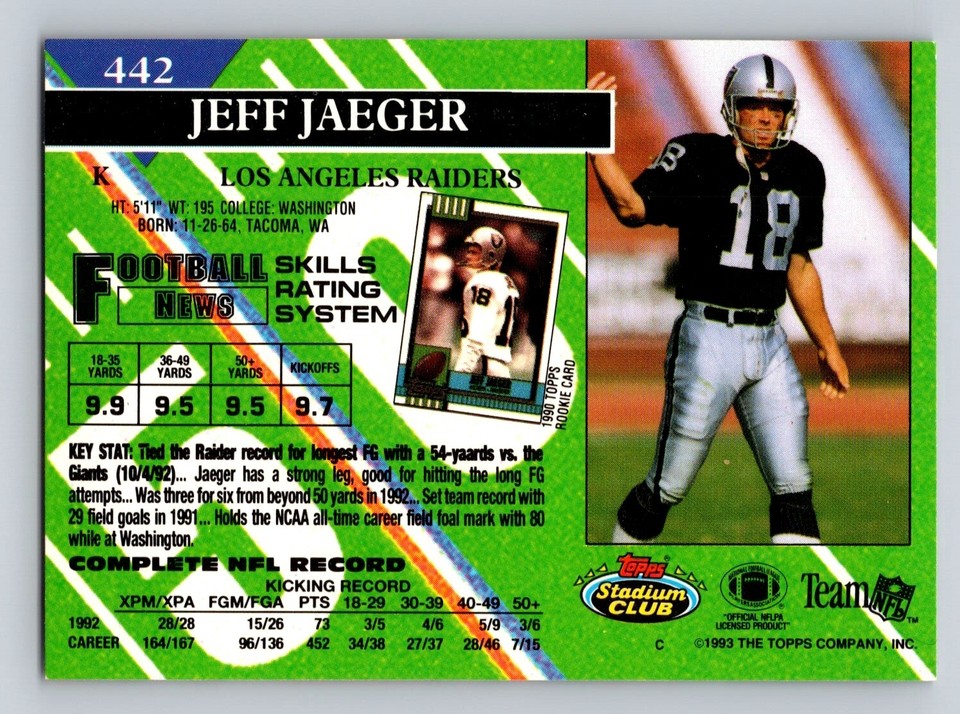JEFF JAEGER 1993 TOPPS STADIUM CLUB 1ST DAY ISSUE #442 OAKLAND RAIDERS ...
