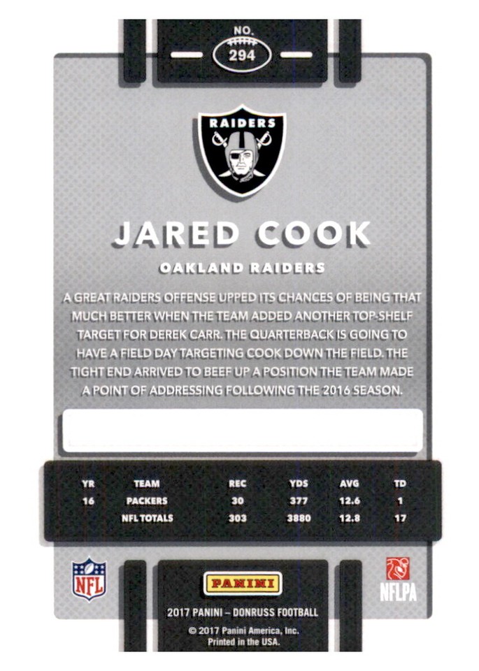 2017 Donruss Jared Cook NFL PWE Base Card Packers #294 | eBay