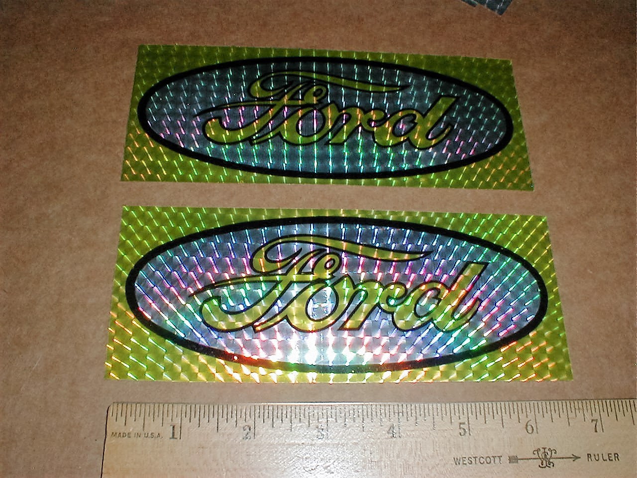7" PAIR vtg old Ford Hot Rod drag Racing decal sticker chrome Prism ...