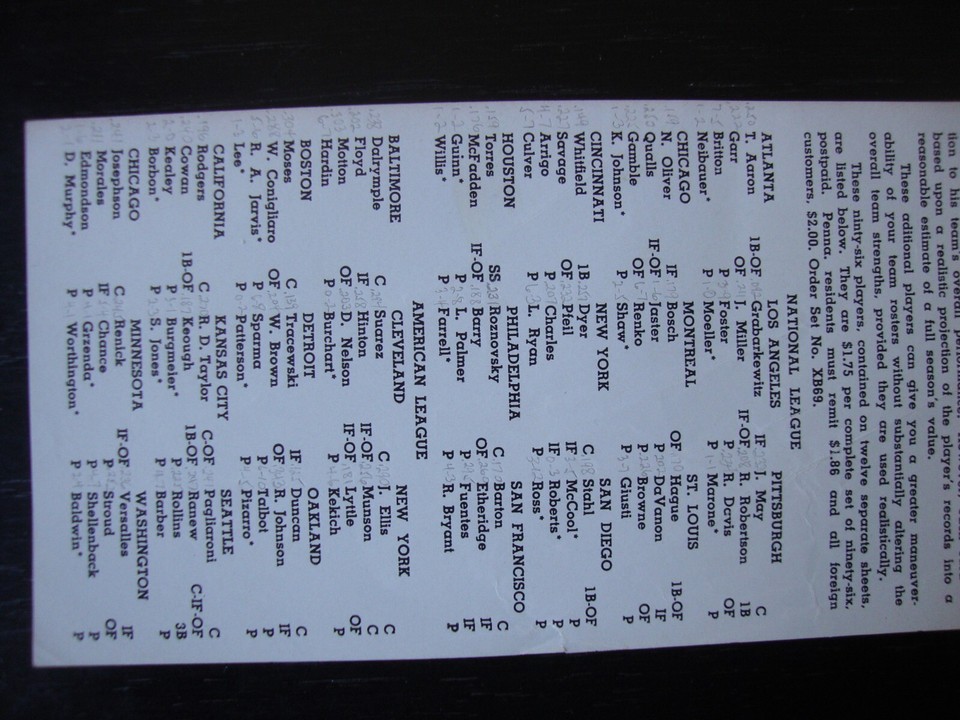 SUPER CLEAN! APBA BASEBALL ORIGINAL & COMPLETE 1969 SEASON PLAYER CARDS ...