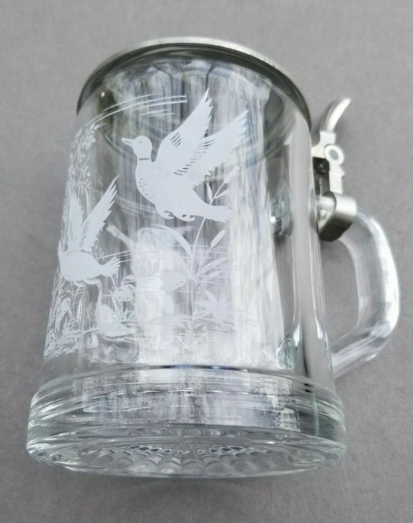 GLASS BEER STEIN ETCHED DUCKS FOREST SCENE PEWTER LID ALWE GERMANY | eBay