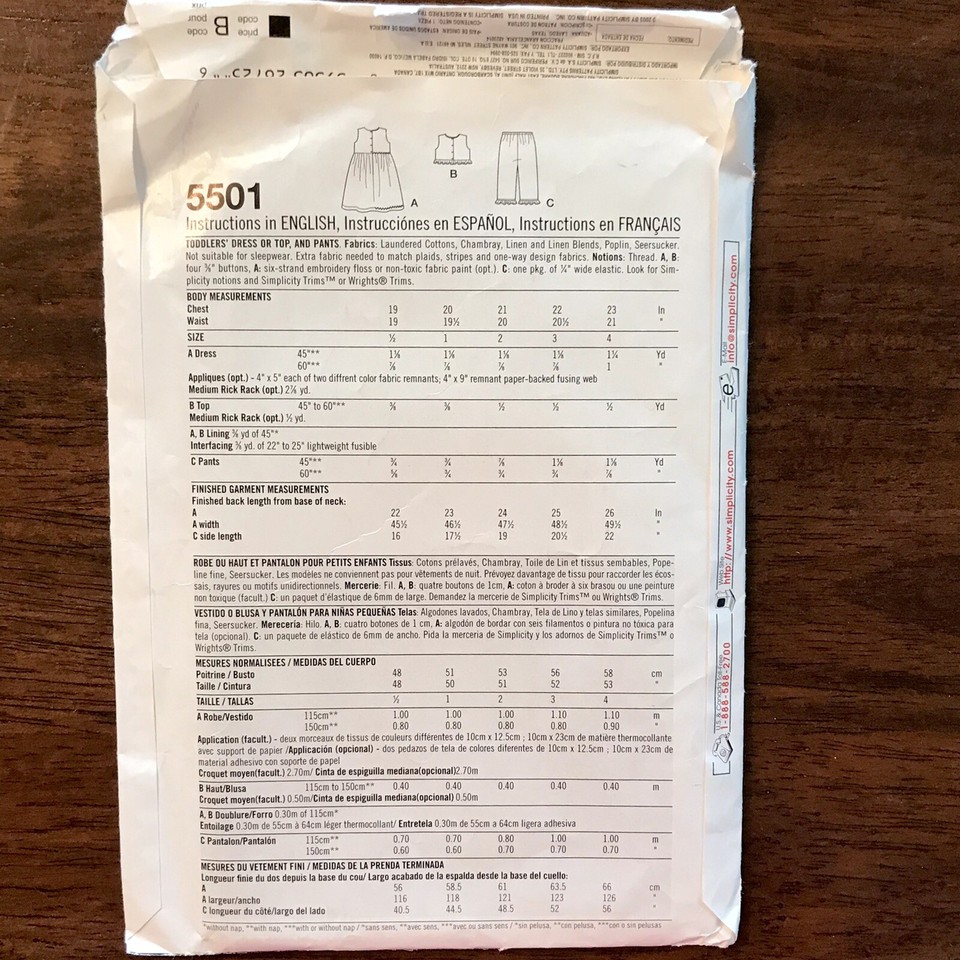 Simplicity 5501 Pattern Toddlers Dress Crop Top Pants 1/2-1-2-3-4 UNCUT ...