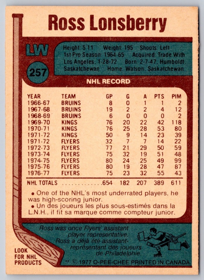 ROSS LONSBERRY 1977-78 O-PEE-CHEE 77-78 NO 257 NRMINT+ 54222 | eBay