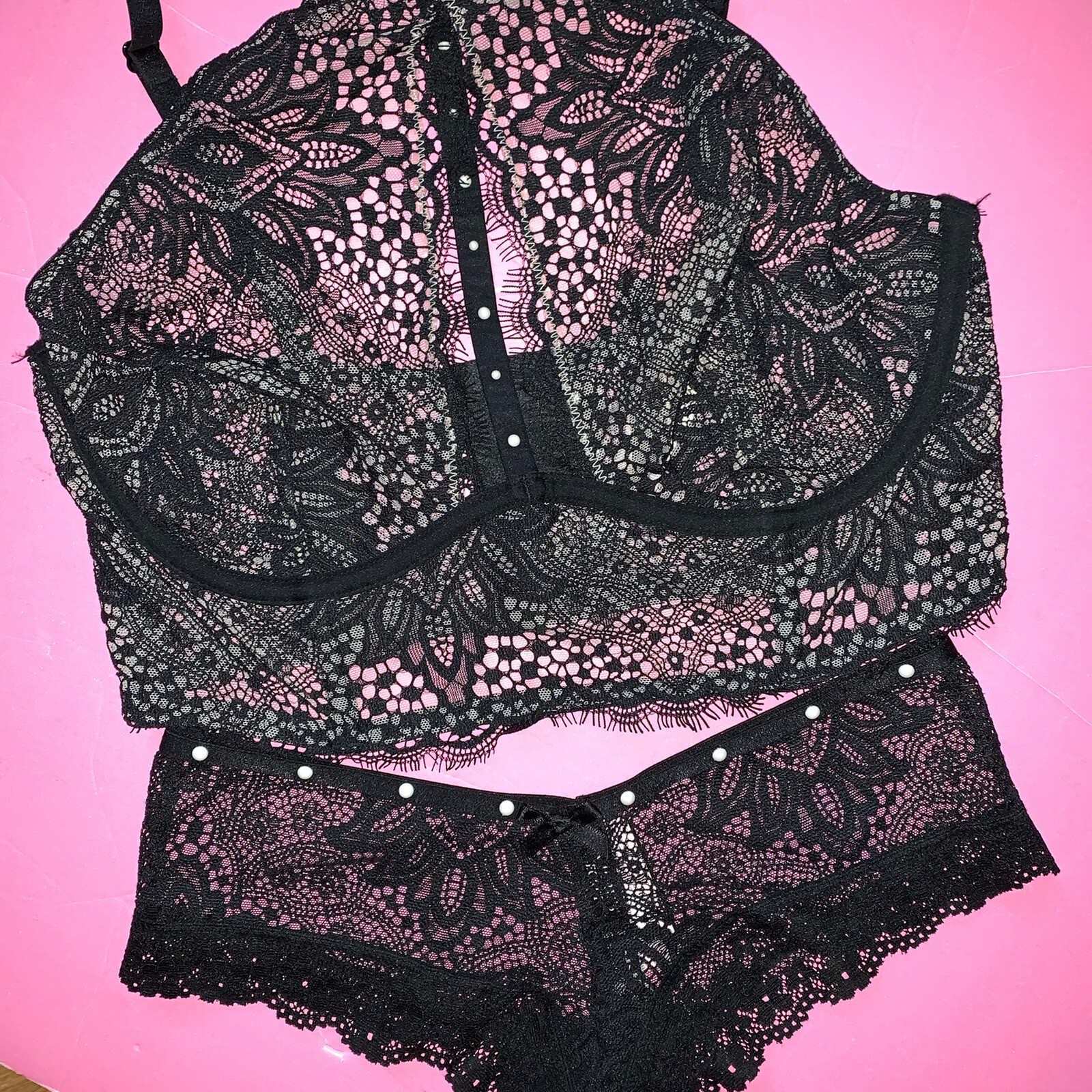 Victoria's Secret unlined high-neck 34C BRA SET XS panty BLACK lace ...