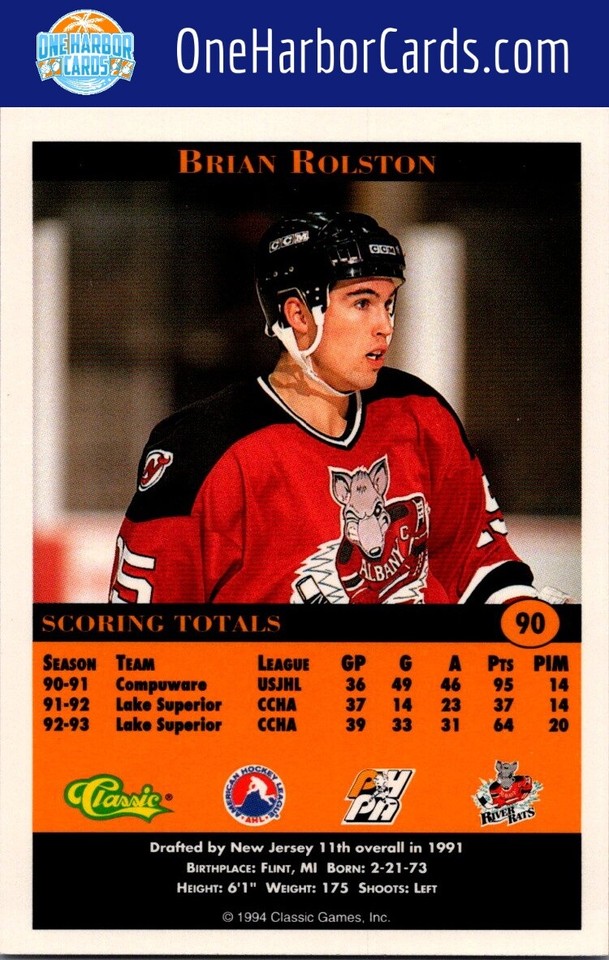 1994 Classic Pro Prospects Albany River Rats Hockey Card #90 Brian ...