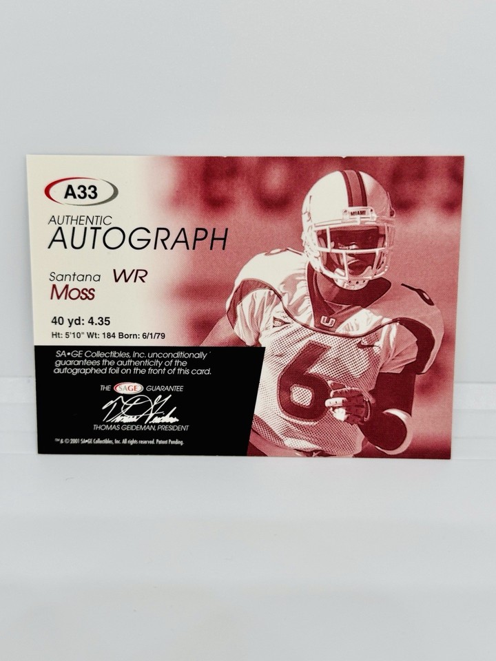 2001 SAGE Authentic SANTANA MOSS Rookie Auto /999 Miami Hurricanes | eBay