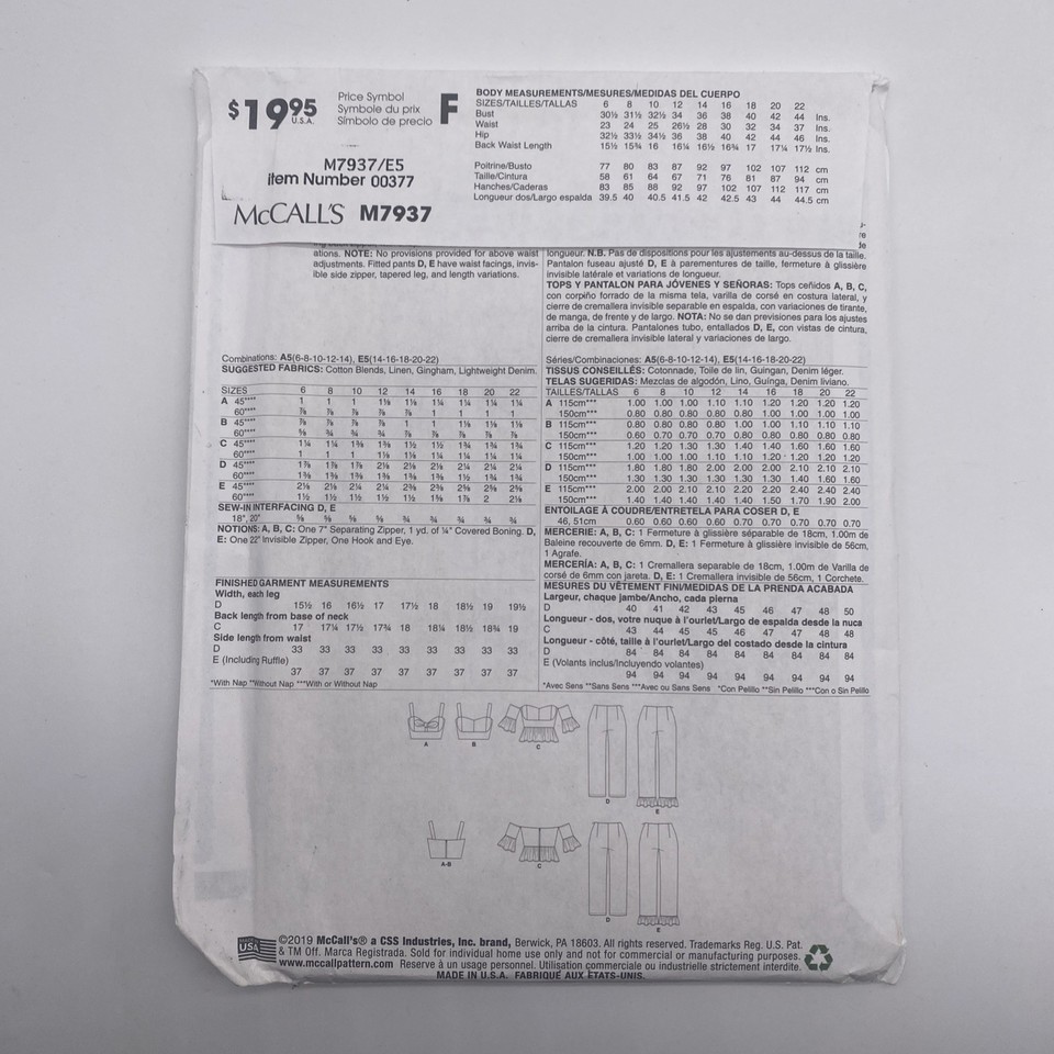 McCalls Sewing Pattern M7937 Womens Top Pants Size 14 16 18 20 22 | eBay UK