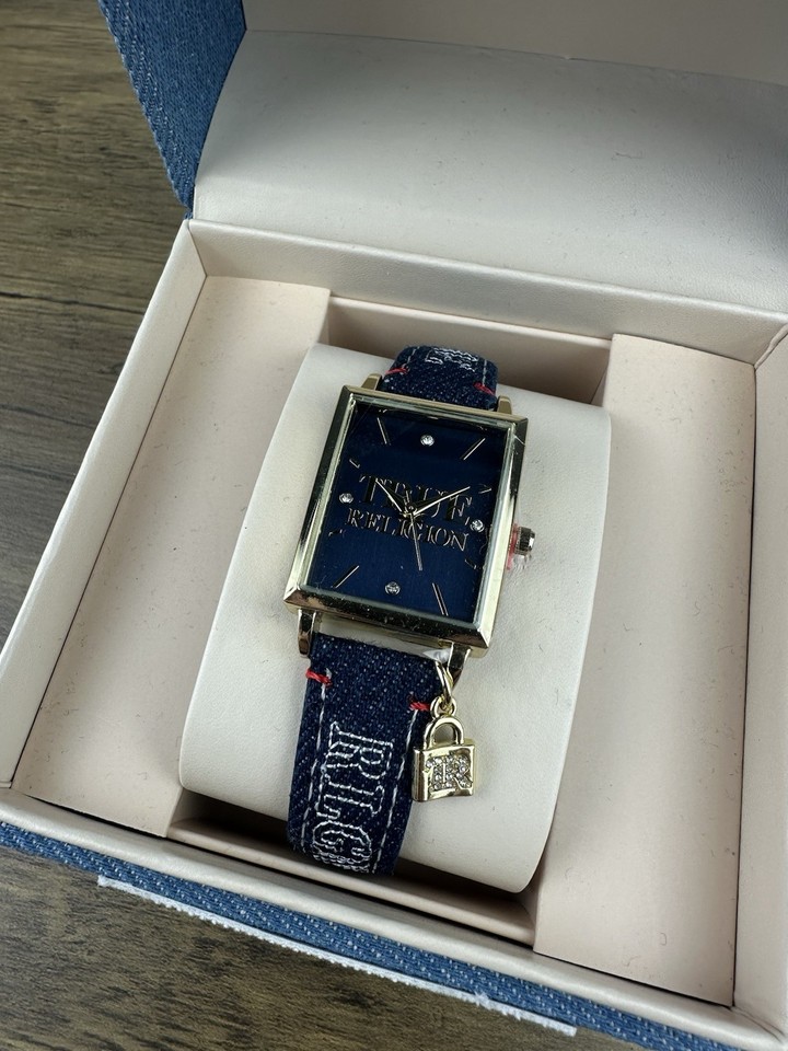 True Religion Watch Quartz Gold Tone with Denim Strap New Battery Boxed ...