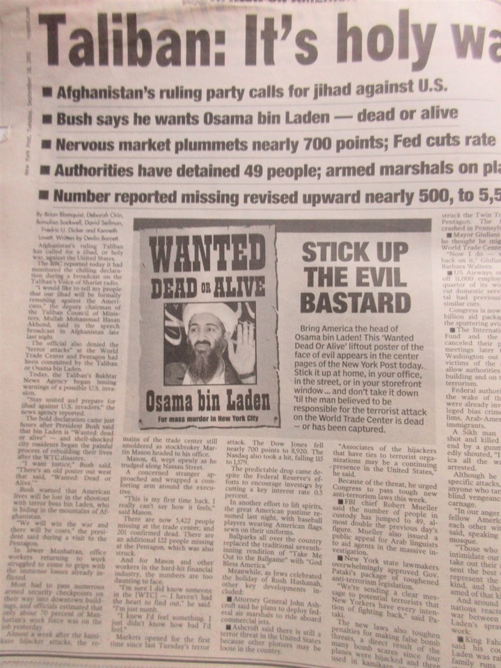 BIN LADEN WANTED POSTER World Trade Center Sept 18, 2001 New York Post ...