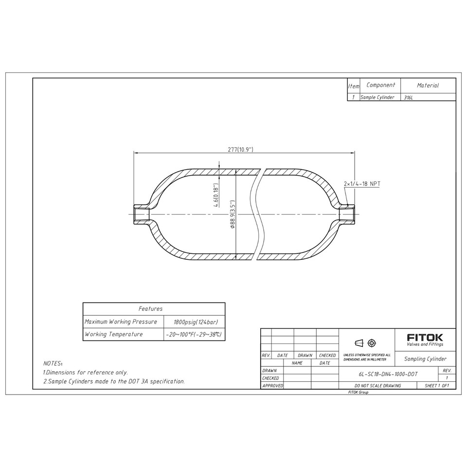 FITOK DOT-3A 1800 Sample Cylinder 1000 cm3 316L SS Double-Ended 1/4 ...