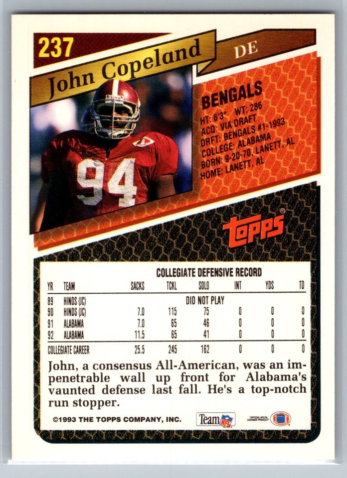 1993 Topps Gold Draft Pick Football #237 John Copeland RC Cincinnati ...