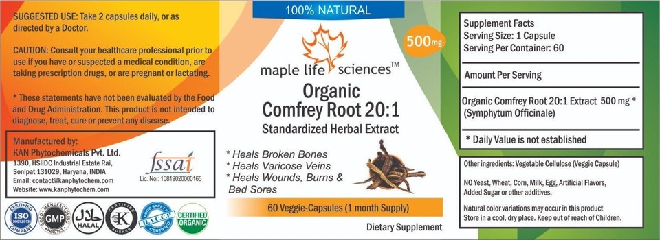 ORGANIC Comfrey Root 20:1 Extract Capsules Shikonin, Allantoin Rosmaric ...