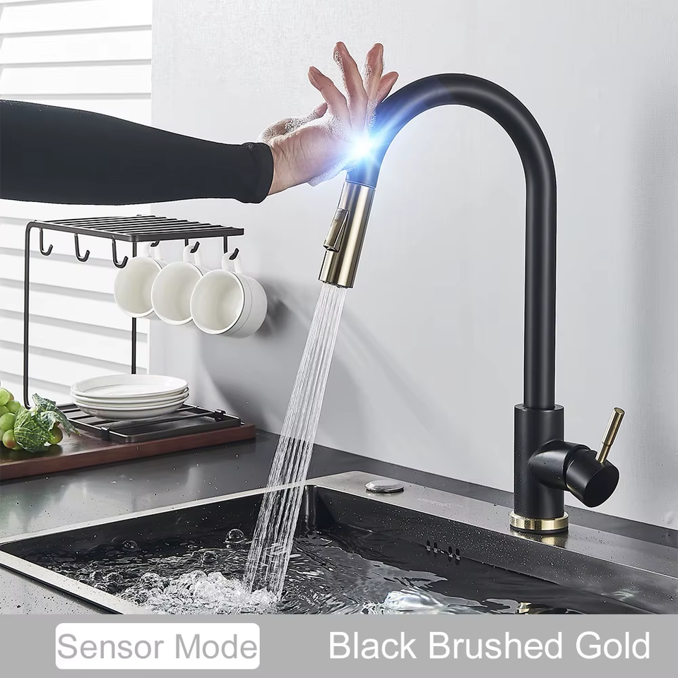 Black Pull Out Sensor Kitchen Faucet Touch Control Faucet 2 Function ...