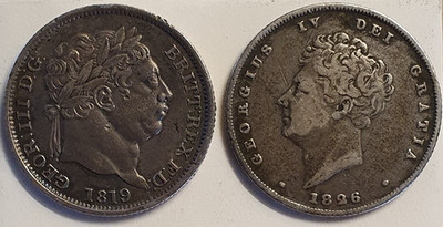 UK Set of 2x Silver Shilling Coins. George III - 1819. George IV - 1826 ...