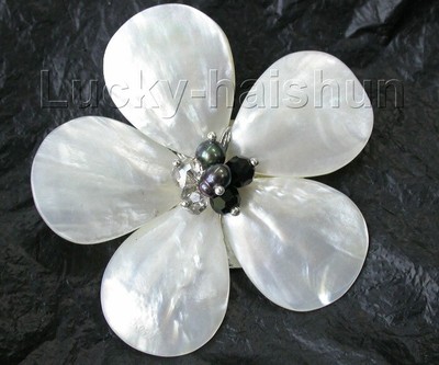 AAA natural 3" baroque Flower white seashell black pearls agate Brooch ...