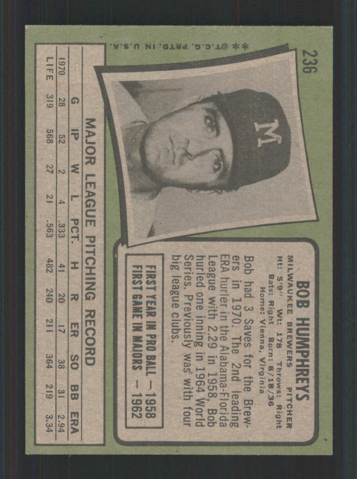 1971 Topps #236 Bob Humphreys | eBay