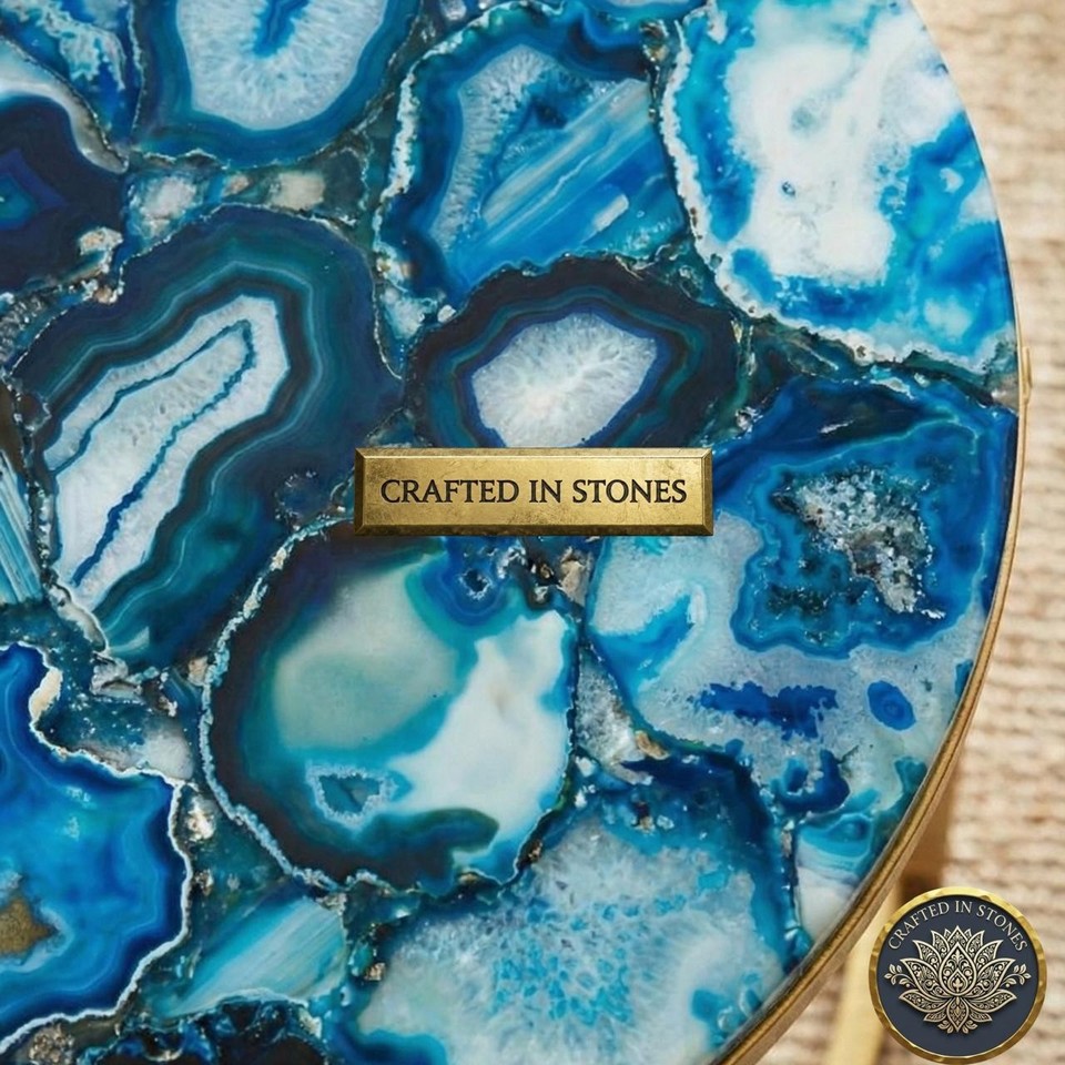 Blue Agate Table Top - Natural Gemstone Coffee Table - Round Stone Slab ...