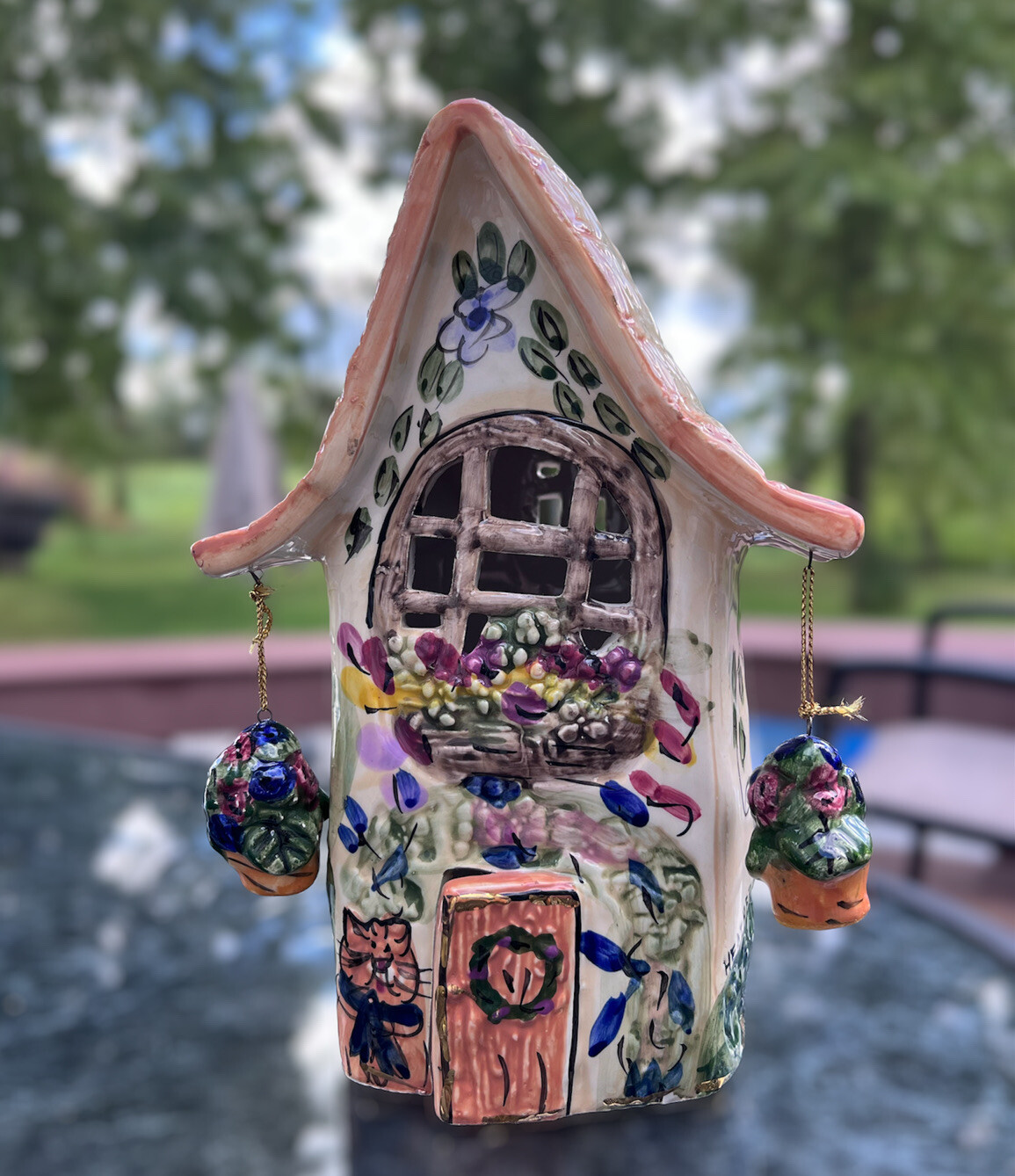 Vtg Blue Sky Clayworks Cat Garden Cottage House Flowers 10" Tea Light ...