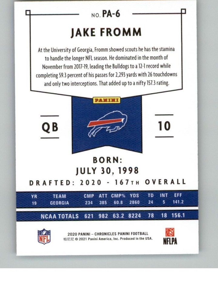 2020 Panini Chronicles Jake Fromm PA-6 Buffalo Bills Panini | eBay