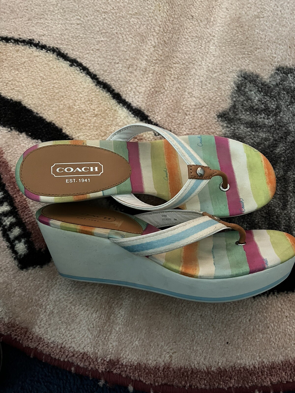 Coach Thong Wedge Sandal Size 9M White Blue Rainbow P… - Gem
