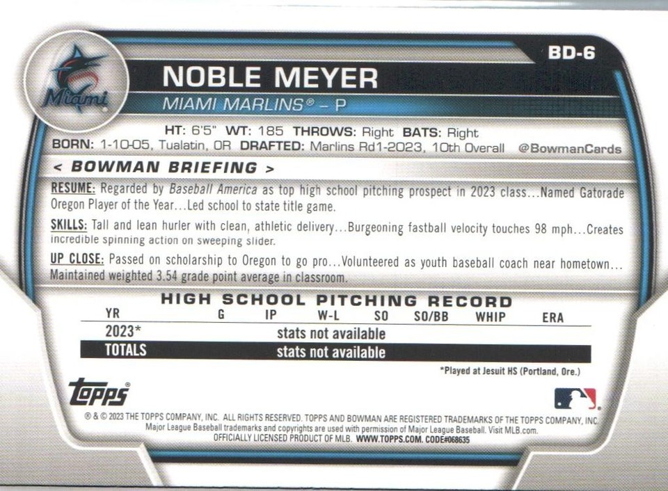 2023 Bowman Draft #BD-6 Noble Meyer | eBay