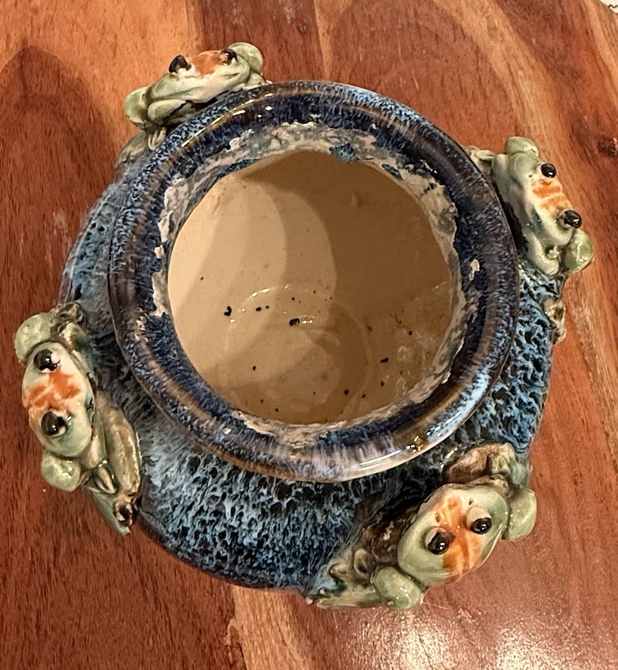 Majolica Blue Green Frog Ceramic Planter, Round Glossy Pottery | eBay
