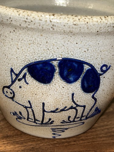 1992 ELDRETH POTTERY Salt Glazed Crock Bowl Planter 4”H Pig Designed ...