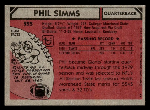 1980 Topps #225 Phil Simms Rookie RC | eBay