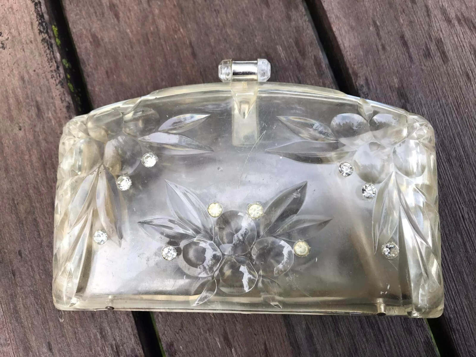 Vintage Clear Lucite Clutch with Floral cut and Rhine… - Gem