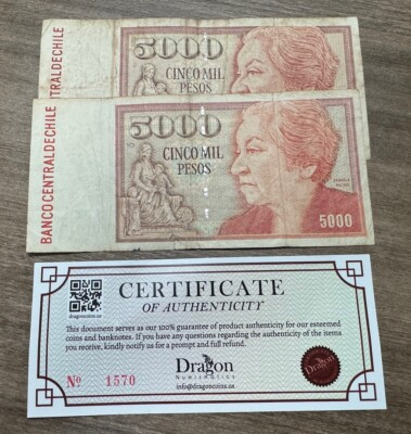 Chile 5000 Cinco Mil Pesos Banknotes X 2 (2003 & 2007) Circulated ...