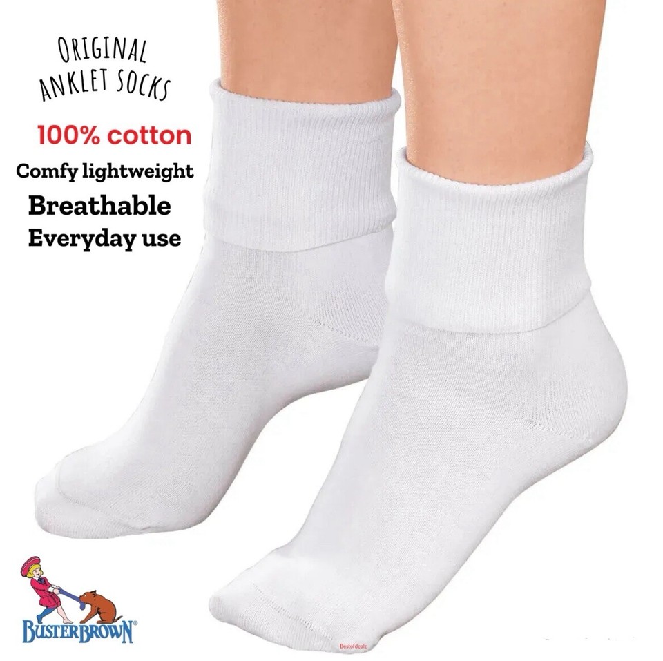 Buster Brown Womens 100% Cotton Socks Fold Over Bobby Socks Ankle Socks ...