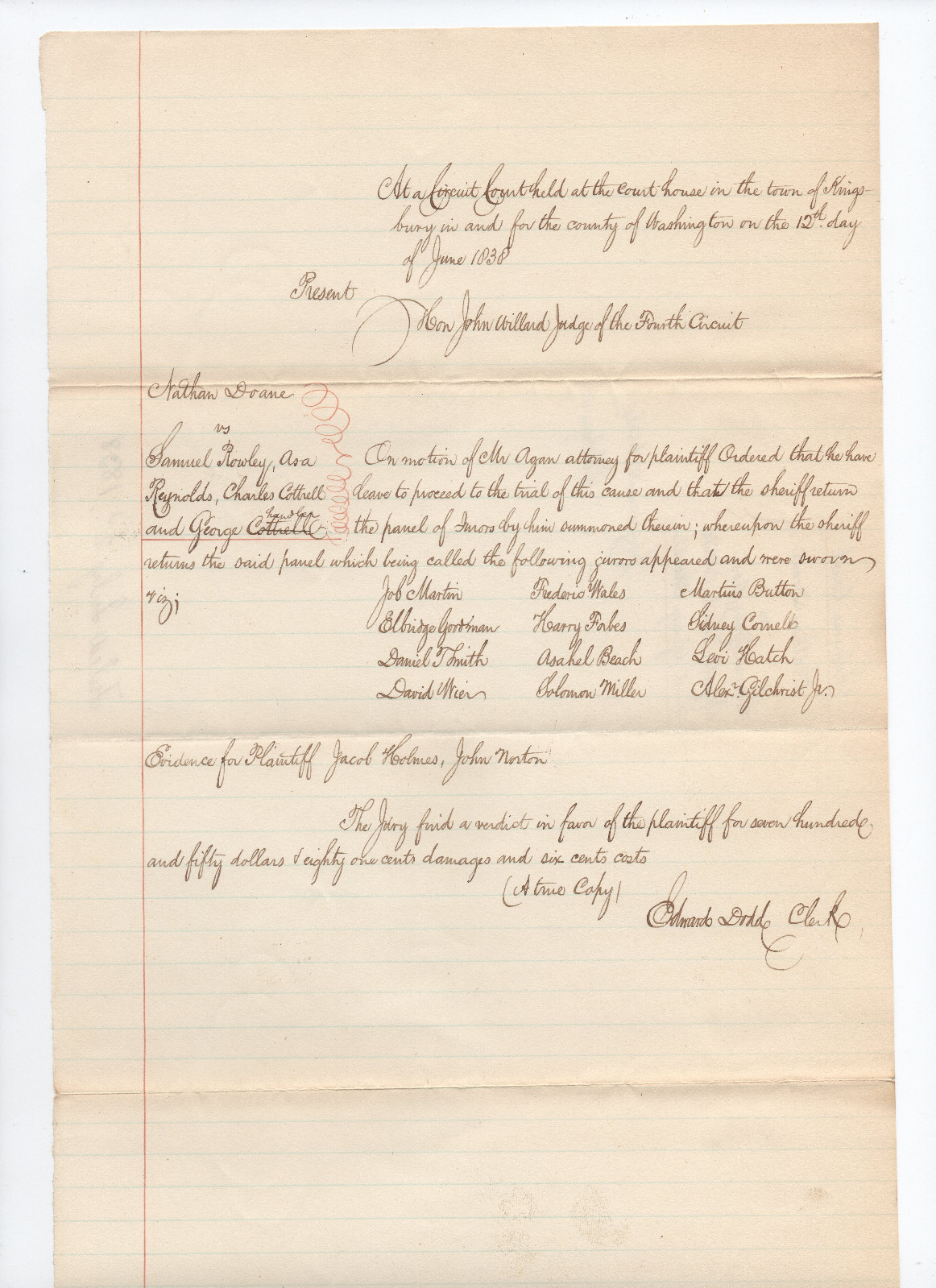 Edward Dodd SIGNED 1838 New York court document - B. F. Agan ...