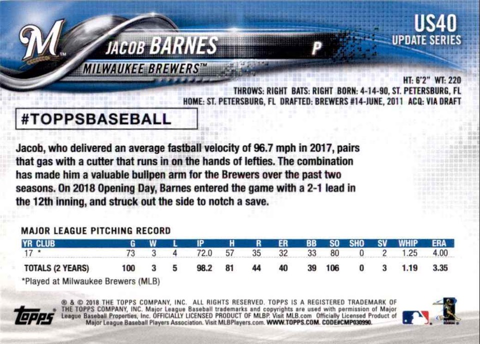 2018 Topps Update Series Jacob Barnes Rookie Milwaukee Brewers #US40 | eBay