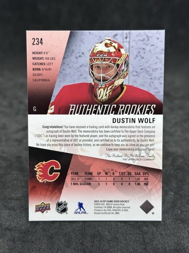 2023-24 Dustin Wolf Patch Auto SP Game Used RC | eBay