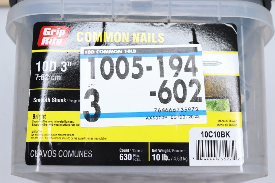 (Approx 630-Pk) Frip Rite Common Nails Smooth Shank Bright 10D x 3 ...
