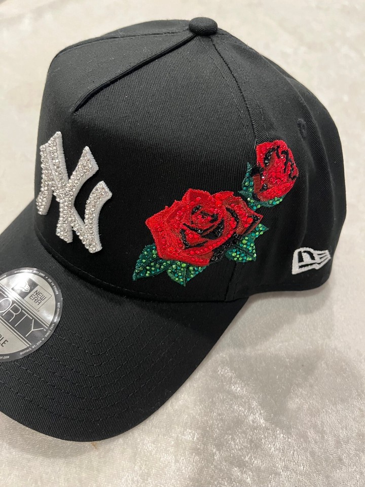 NY YANKEES Black Bling Red Rose Hat Hand Jeweled with Swarovski ...
