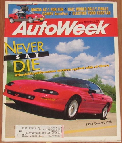 DECEMBER 7 1992 AUTOWEEK MAGAZINE '93 CAMARO Z28, MAZDA AZ-1, FORD ...