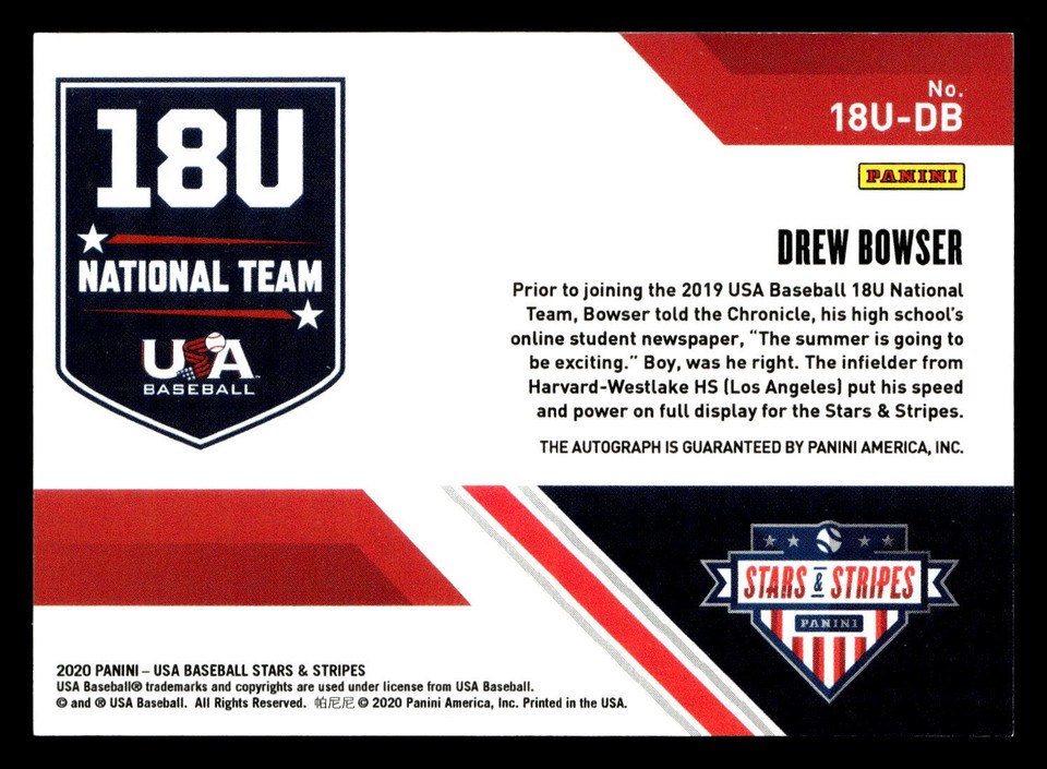 2020 USA Baseball Stars & Stripes #18U-DB Drew Bowser National Team ...