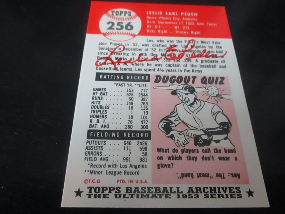 les peden (washington senators -c) 1953 TOPPS ARCHIVES reprint card ...