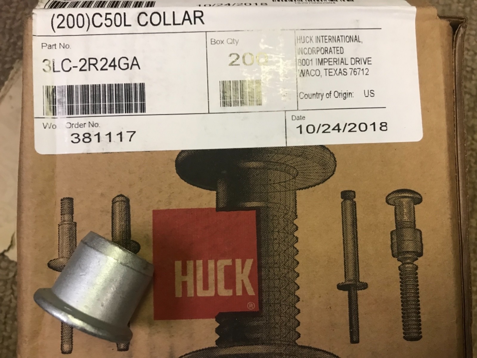 (20 pc) HUCK 3LC-2R24GA Lockbolt Collar; 3/4" - 0.750", Flange Collar ...