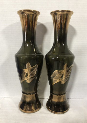 Pair Vintage MCM 60's Wheaton Ware Smoke Glass Gold Spirograph Art Vase ...